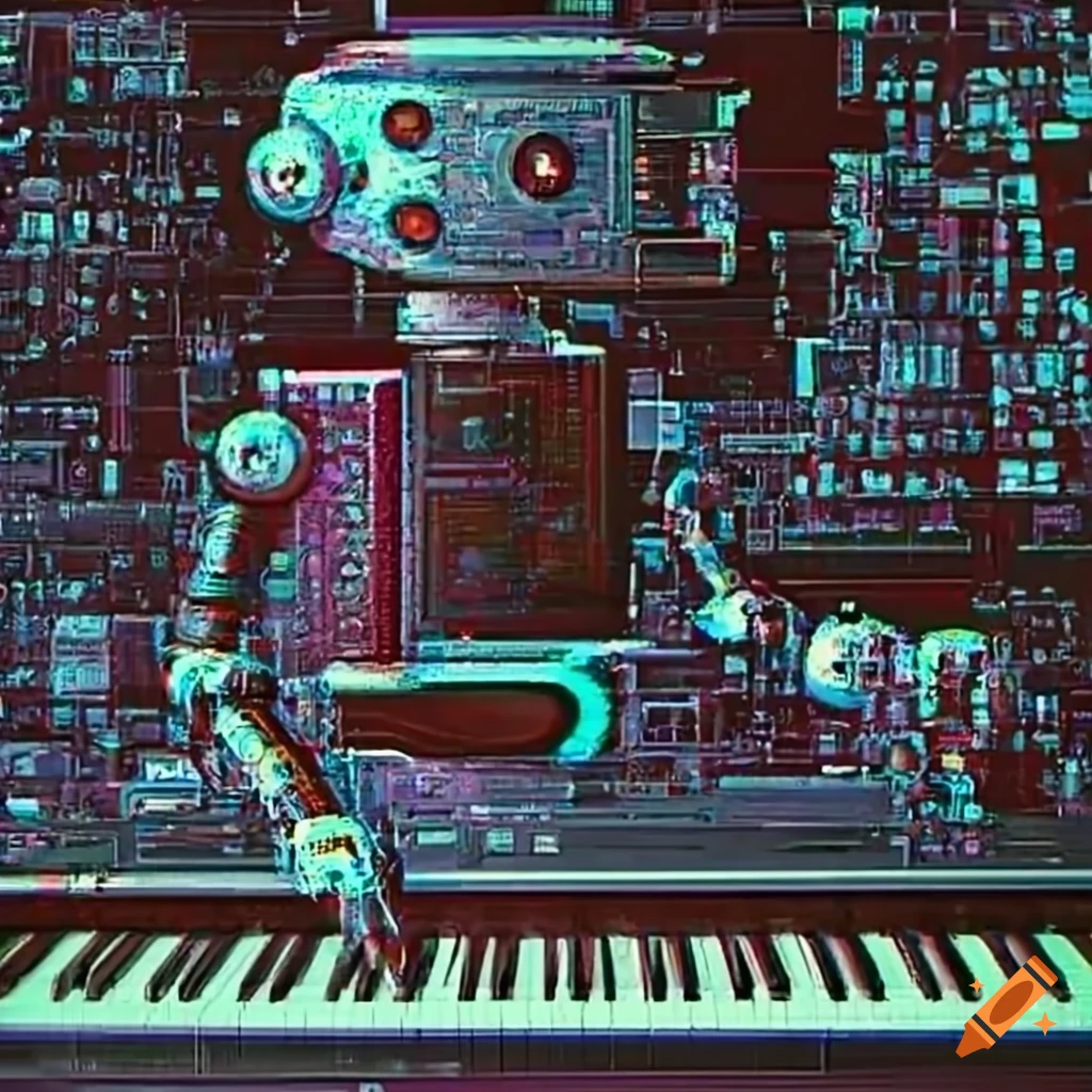 Robot playing synth in a futuristic nuclear reactor spaceship on Craiyon