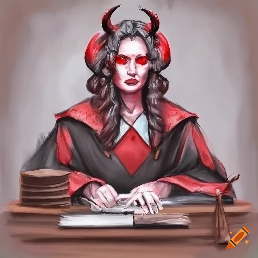 Demon judge with red skin and horns in a courtroom setting on Craiyon