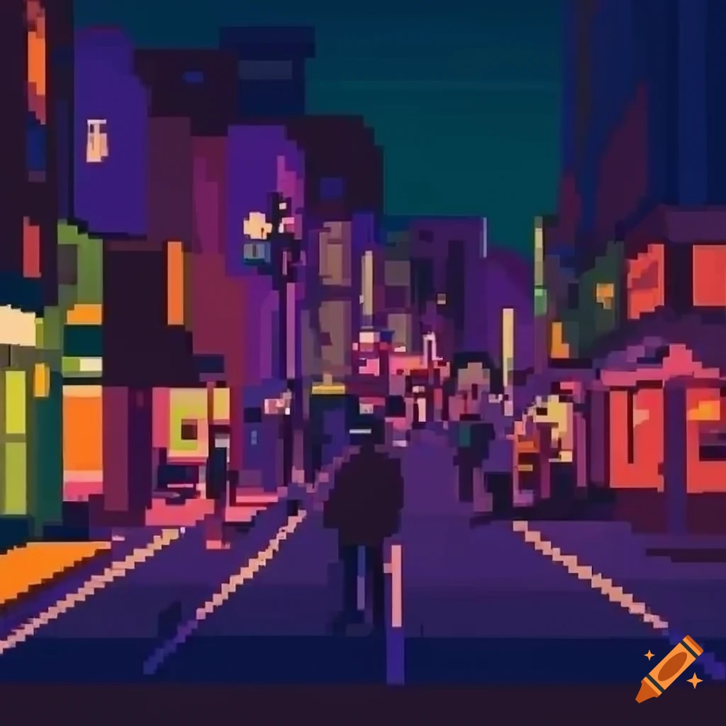 Pixel art nes inspired street with a crowd view on Craiyon