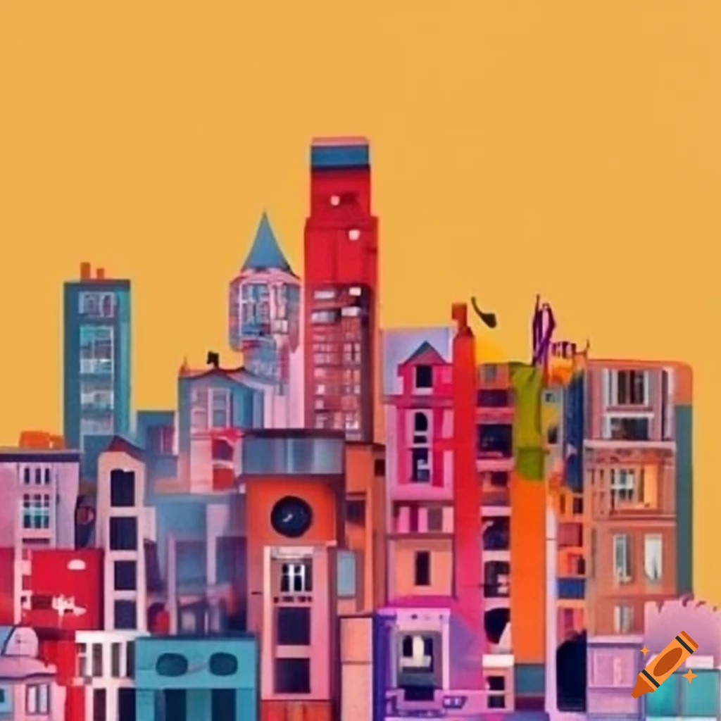 Gritty urban landscape with buildings and metro trains in a collage ...