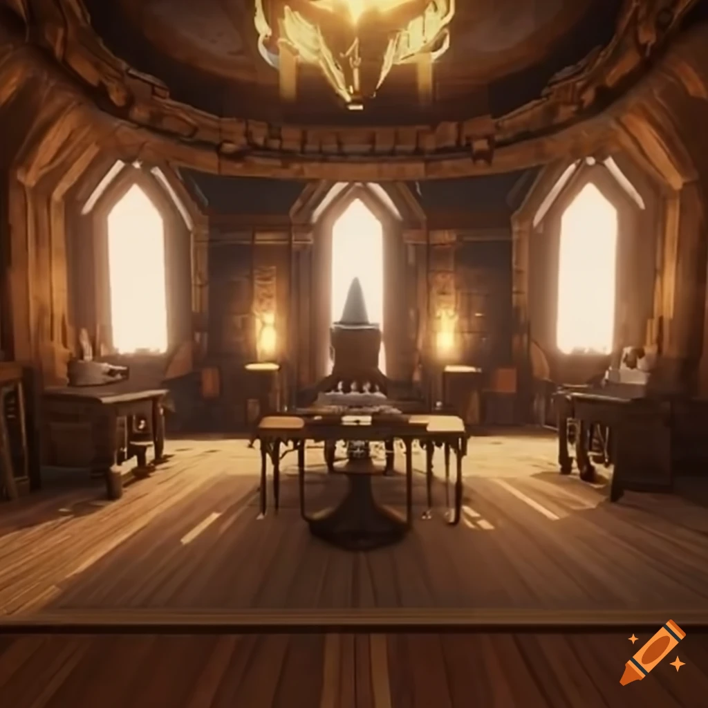 Indoor view of a castle with white walls, wooden floor, knight armor ...