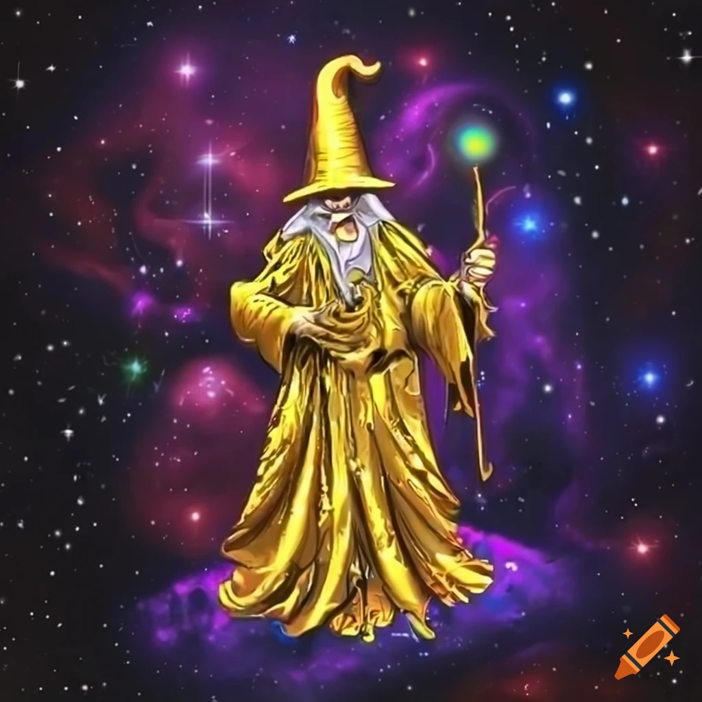 Evil gold wizard in a spacey, trippy setting on Craiyon