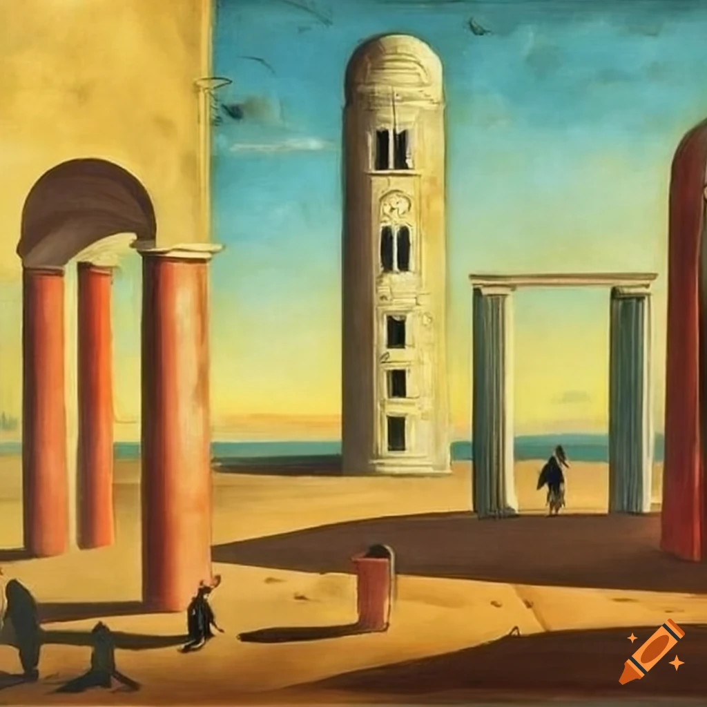 Chirico surrealist painting with robed women, golden clock, and steam ...