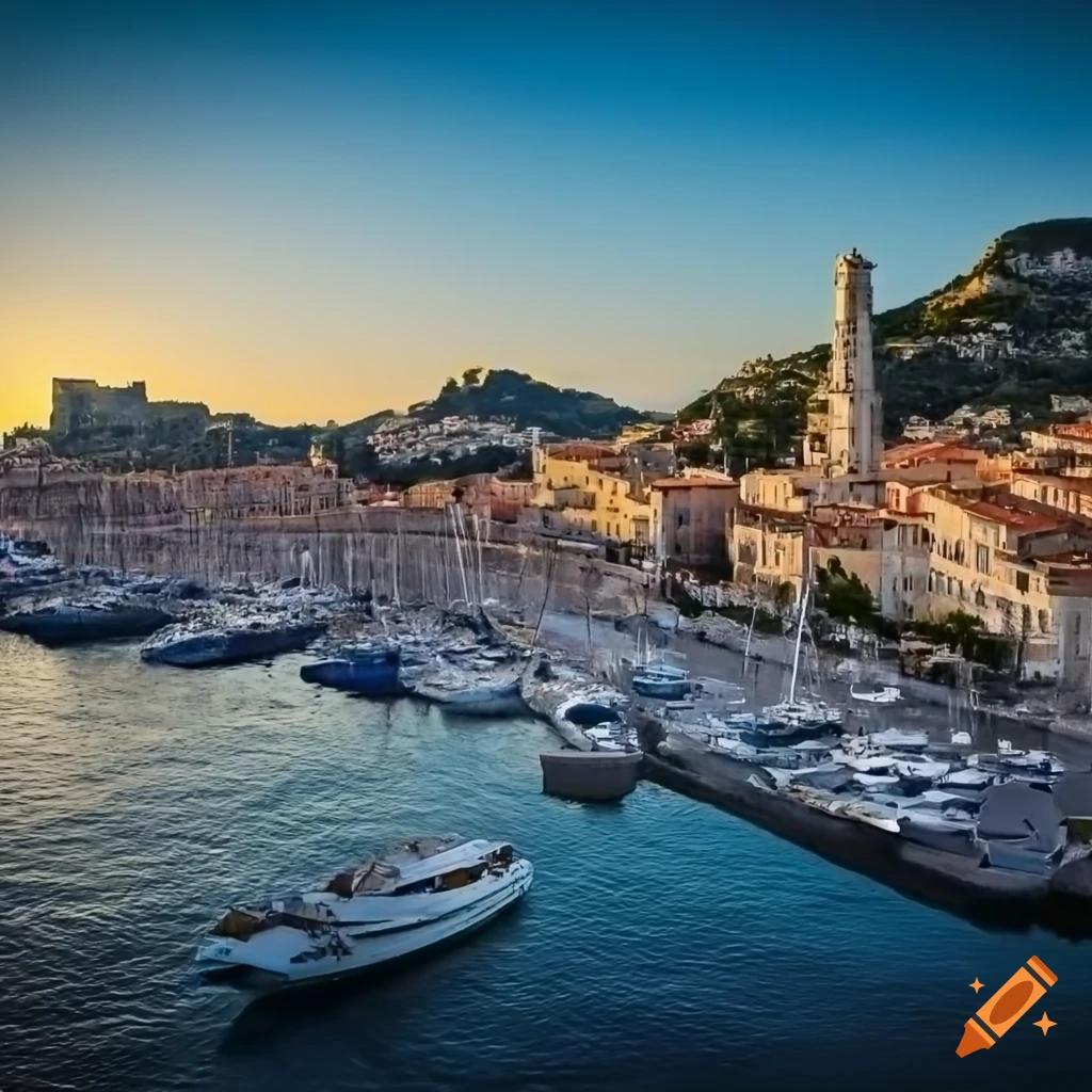 Port of Toulon and Mont Faron in a close-up landscape view on Craiyon
