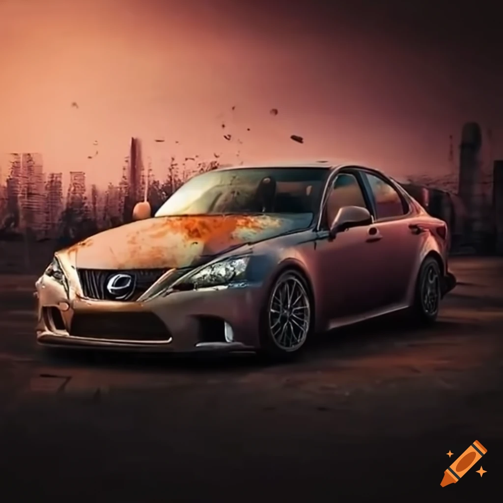 Broken down Lexus IS250 with a rusty appearance in an apocalyptic ...