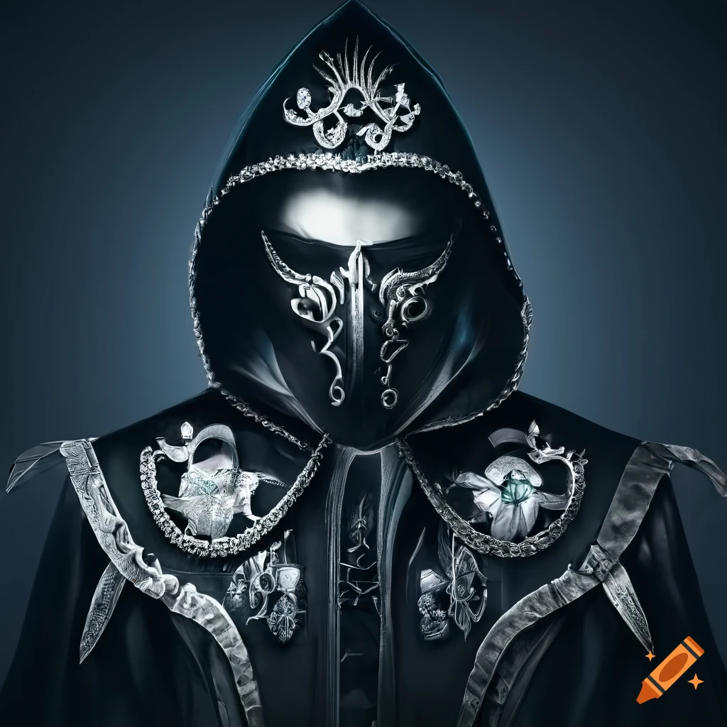 Legendary male alchemist with intricate silver masquerade mask and ...