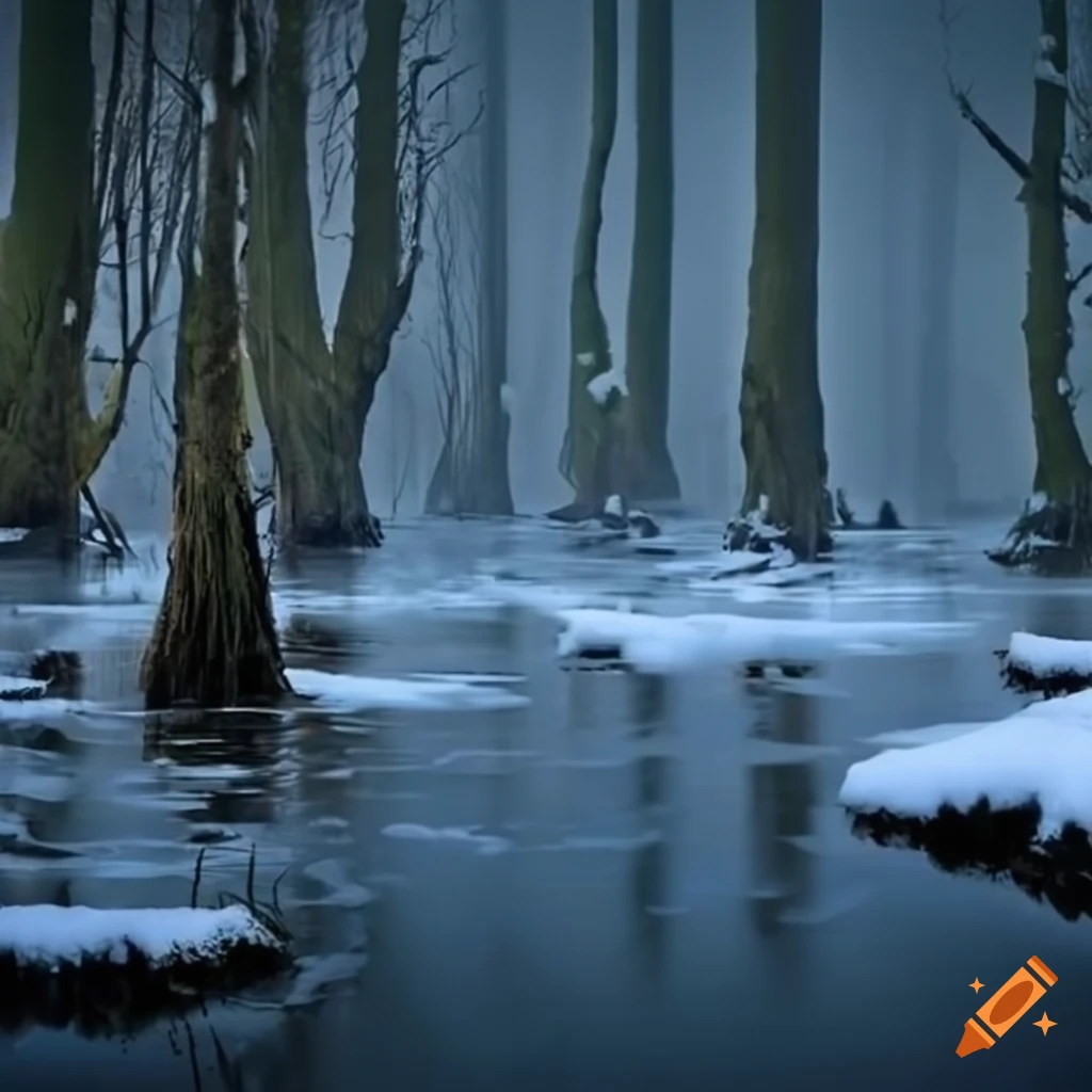 Snow-covered swamp at night on Craiyon