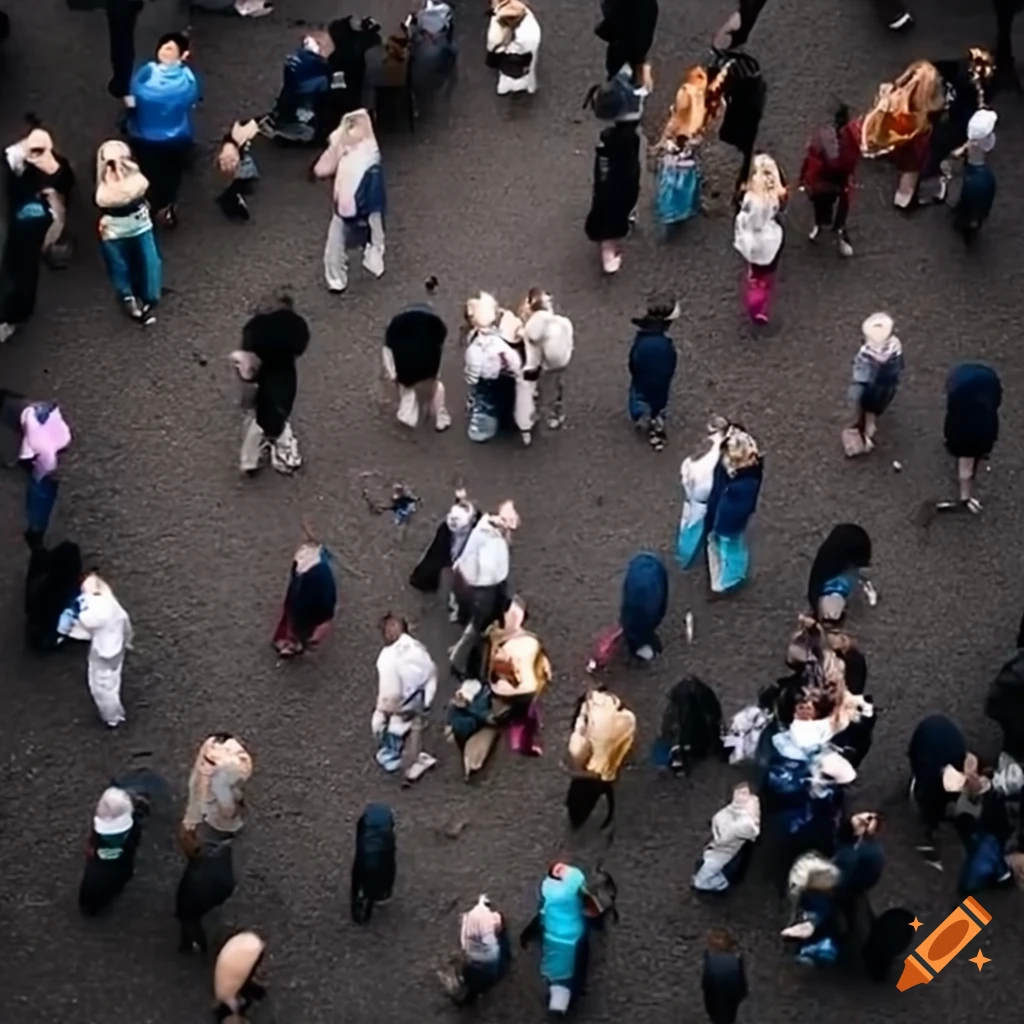 Crowd of tiny humans on a pavement seen from above on Craiyon
