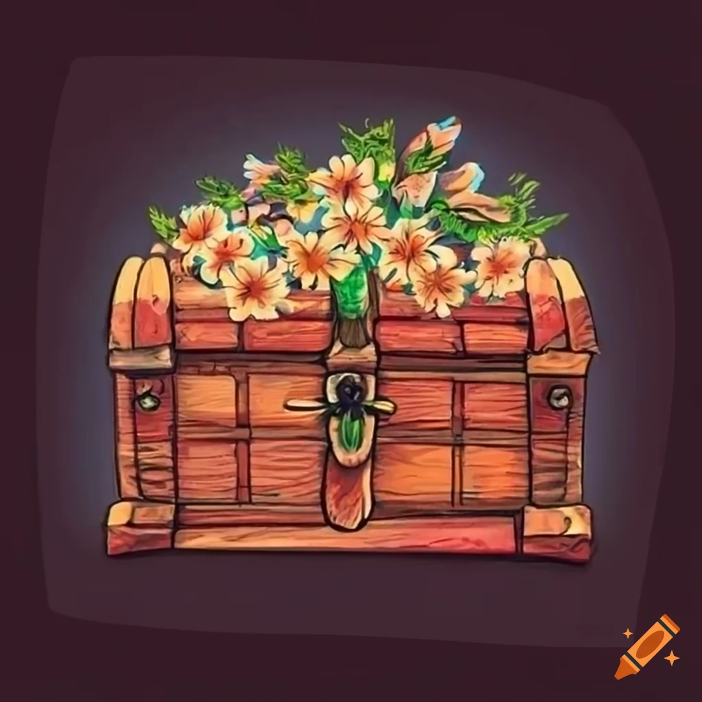 Wooden chest with blossoming orange flowers on Craiyon
