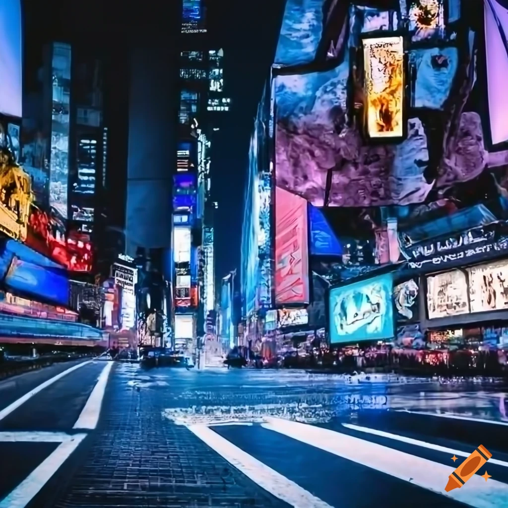 Midnight in times square under a blue theme in high resolution on Craiyon