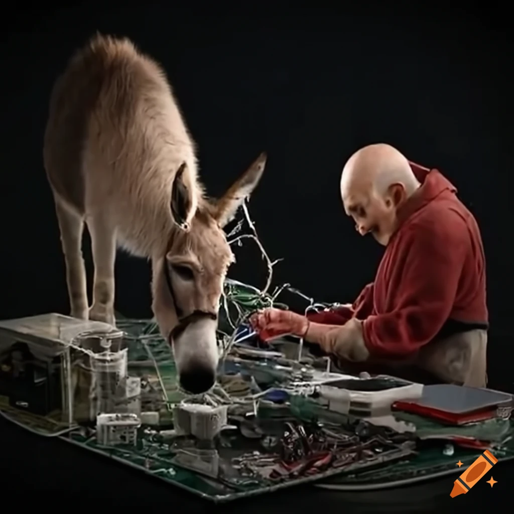 People making wire harnesses in an electronics lab with a donkey on Craiyon