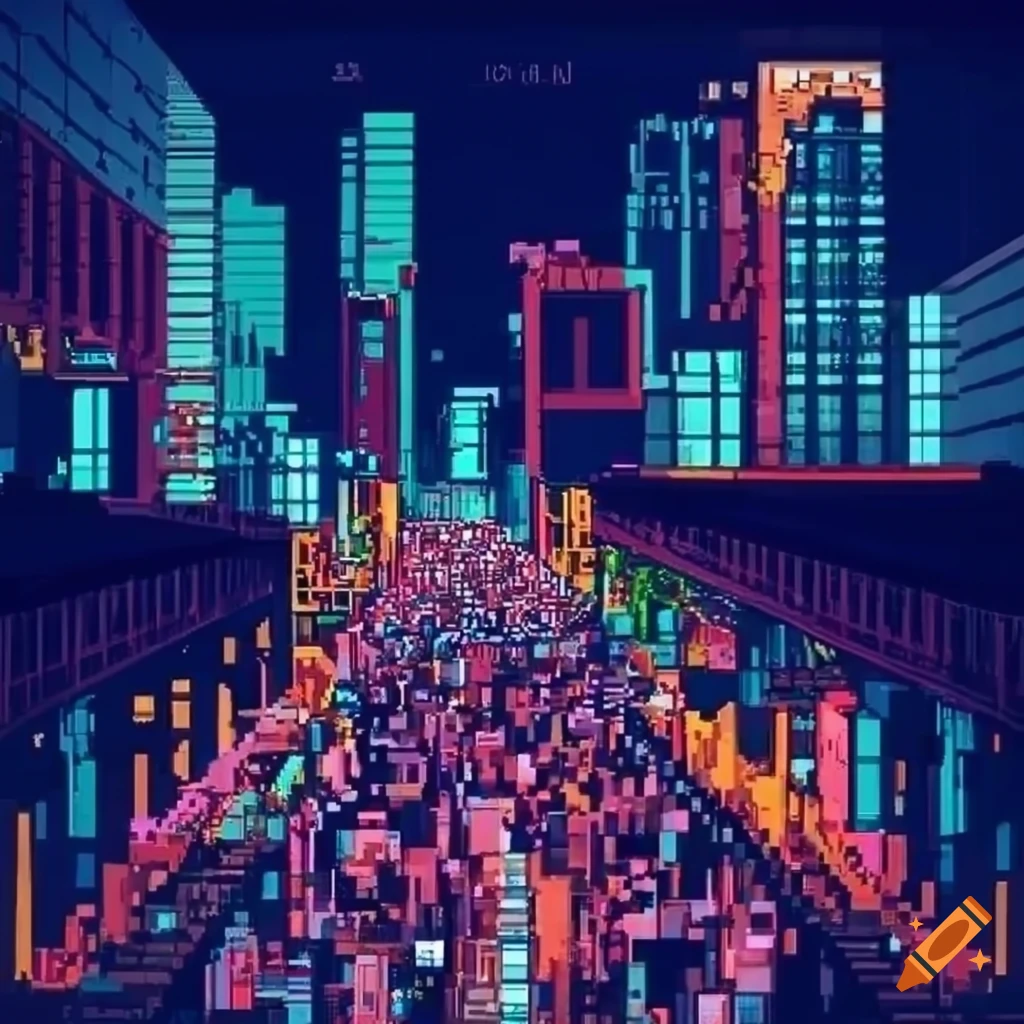 Pixel art inspired street view crowd in singapore on Craiyon