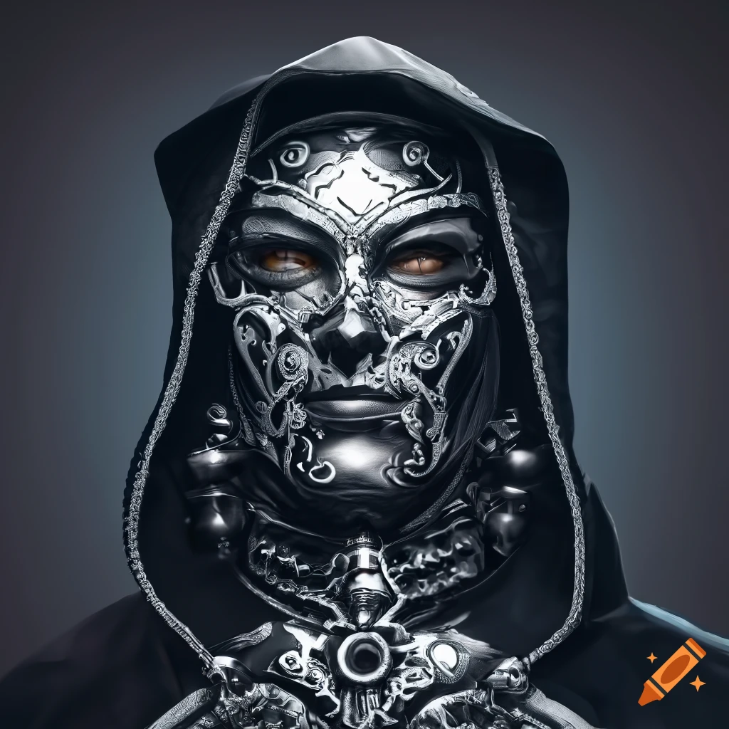 Legendary male alchemist with intricate silver masquerade mask and ...