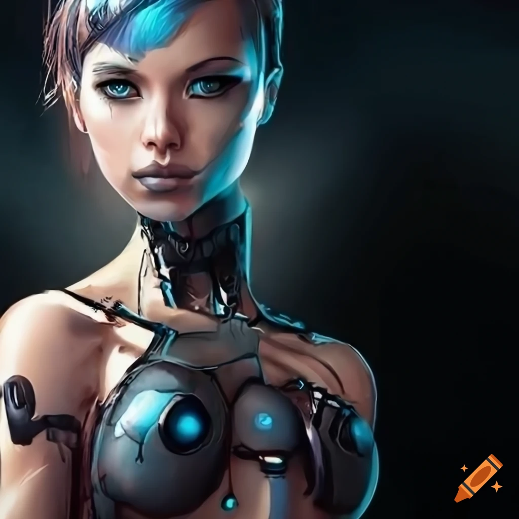 Cyborg girl in widescreen view on Craiyon