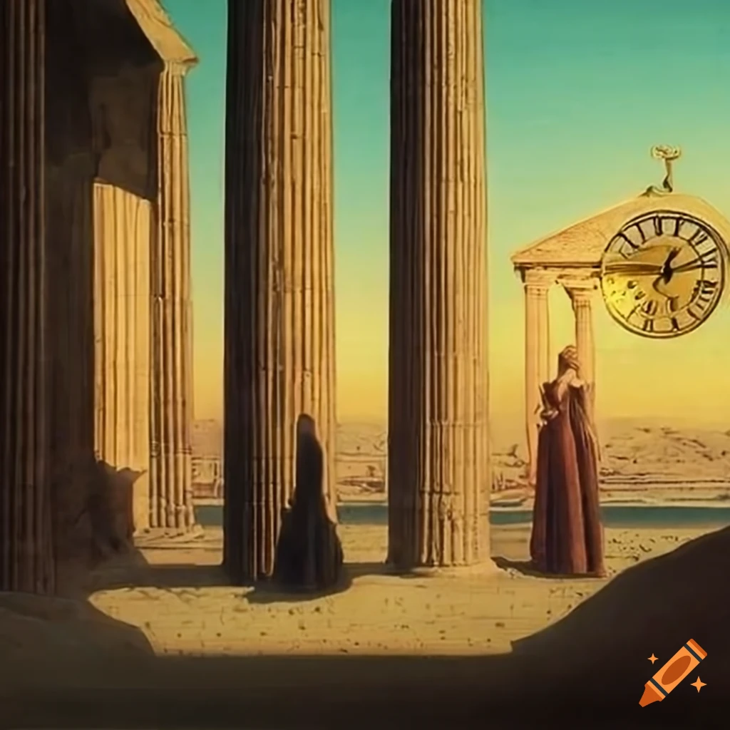 Surrealist masterpiece with robed women under Parthenon columns and ...