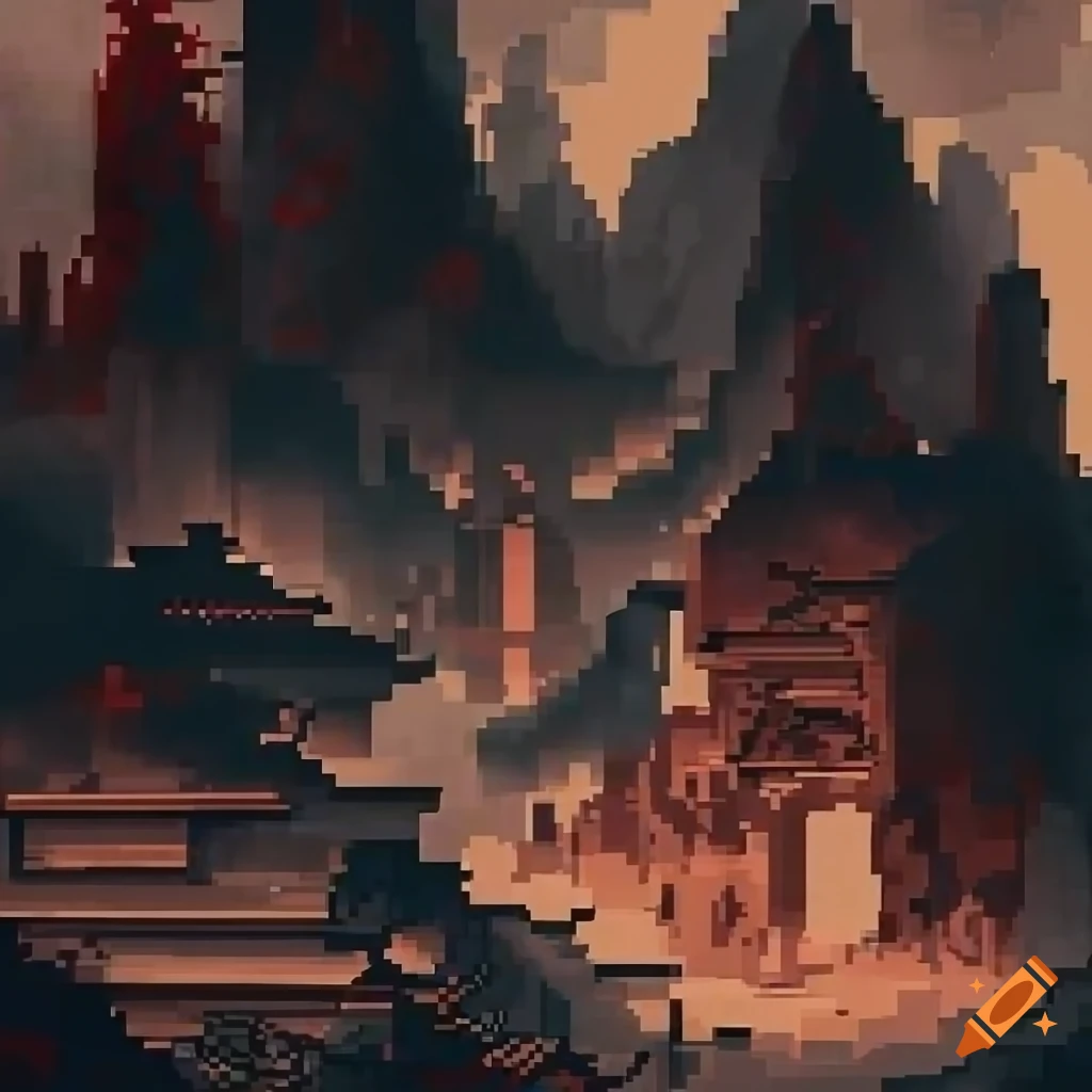 Pixel art with dithering in a traditional chinese ink painting style on Craiyon