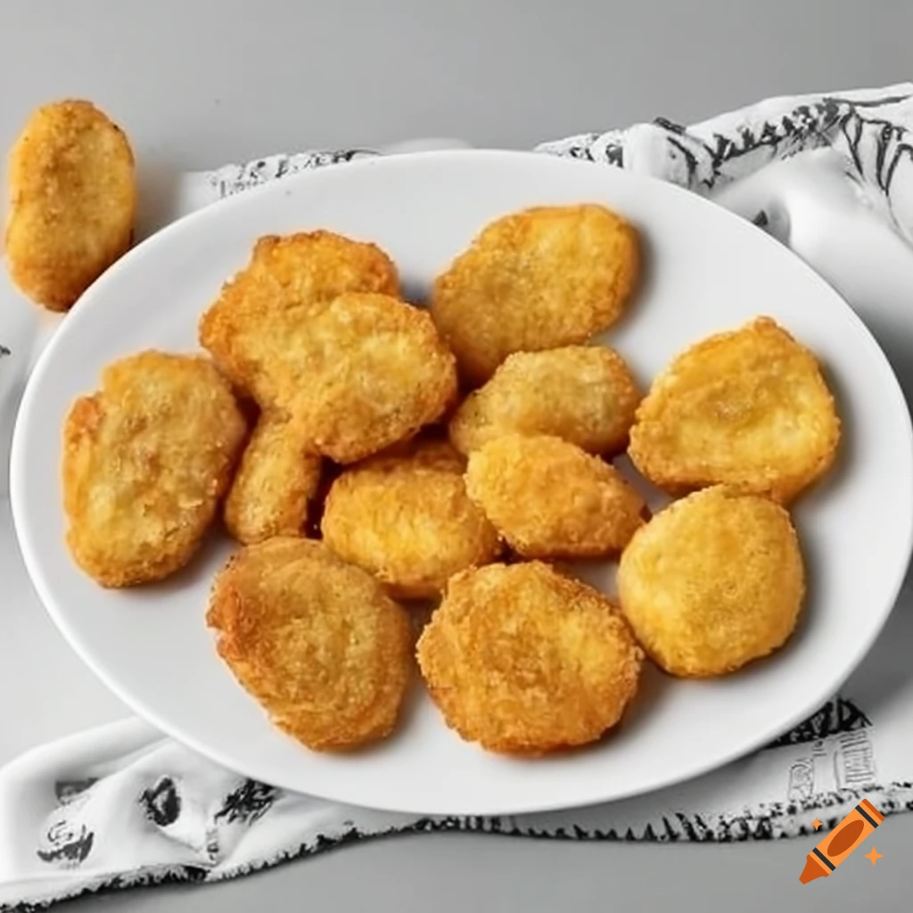Golden fried potato nuggets on a white plate on Craiyon