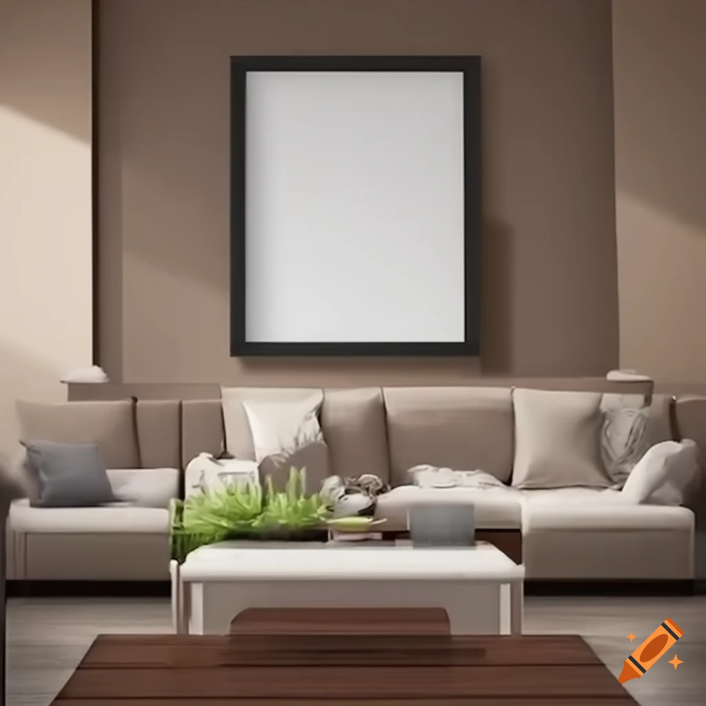 Modern living room with large blank frames for a zoom background on Craiyon