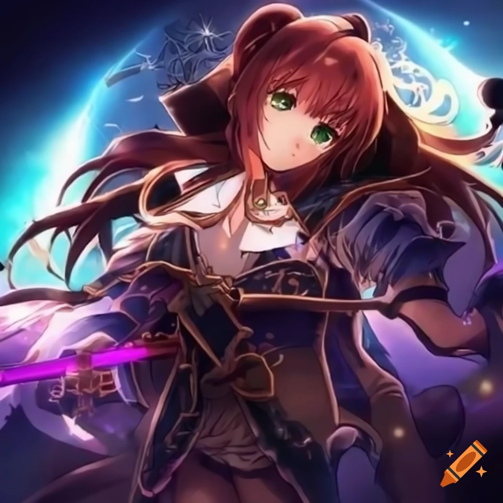 Anime fantasy musketeer with pulse guns under a moonlit sky on Craiyon