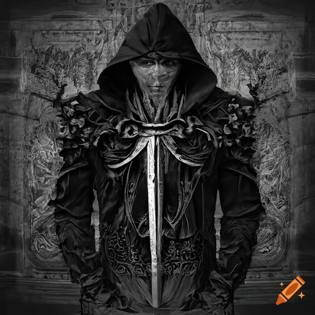 Hooded male alchemist with ornate sword in mystical ruins on Craiyon