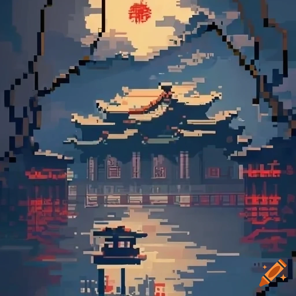 Pixel art with dithering in a traditional chinese ink painting style on ...