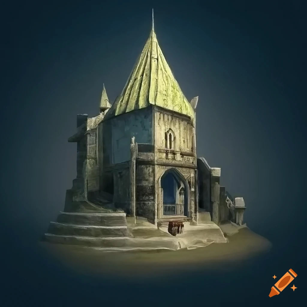 Pontillist depiction of a medieval guild hall on Craiyon