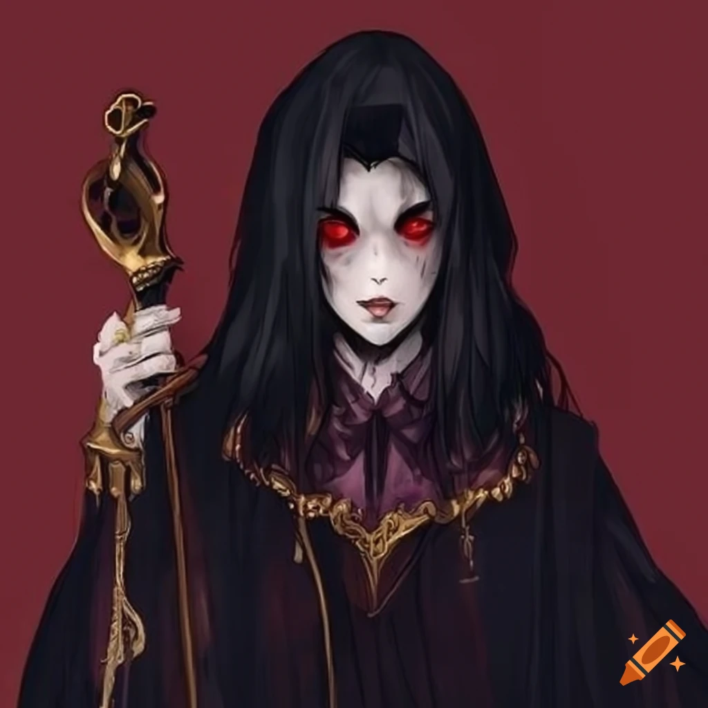 Young vampire viscount with red eyes and fangs holding a scepter on a ...