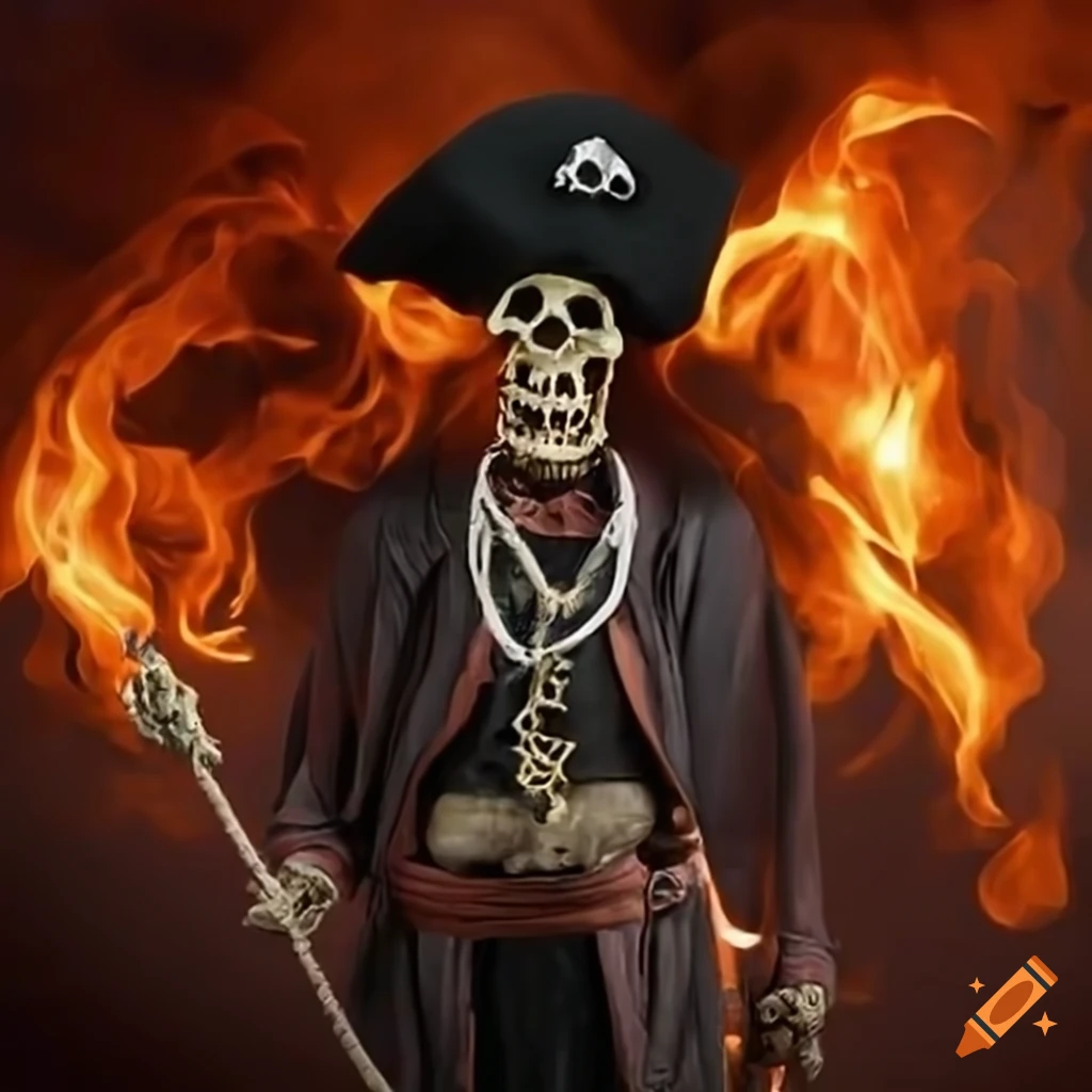 Cool pirate skeleton engulfed in flames fighting an invisible enemy on ...