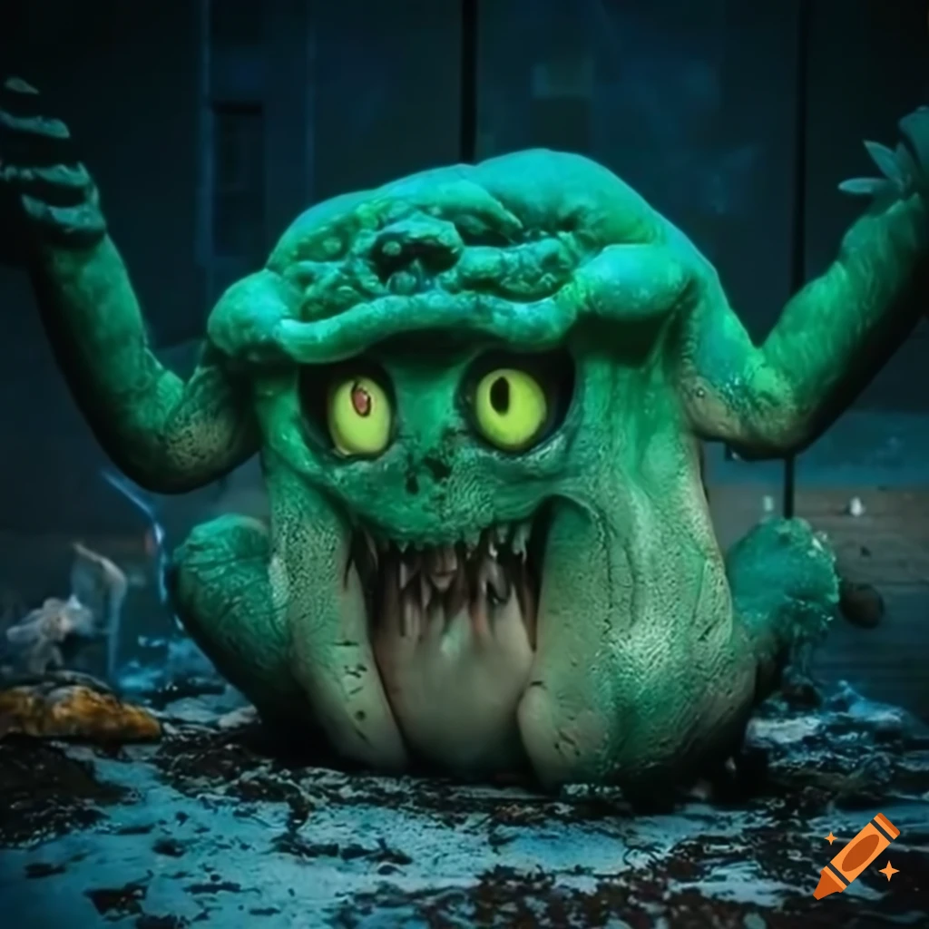 Creepy slimey pokemon monster with blue eyes and sharp teeth in ...