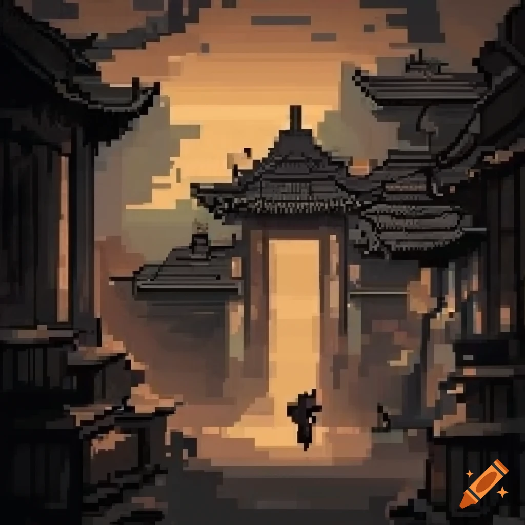 Pixel art with dithering in a Traditional Chinese ink painting style on ...
