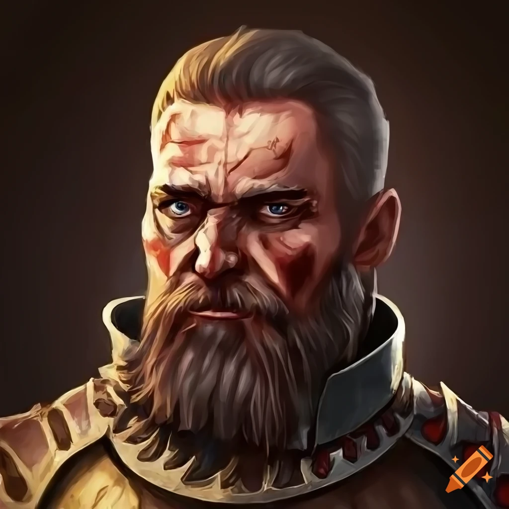 Commander of knights in fantasy setting with scars and heavy armor on ...