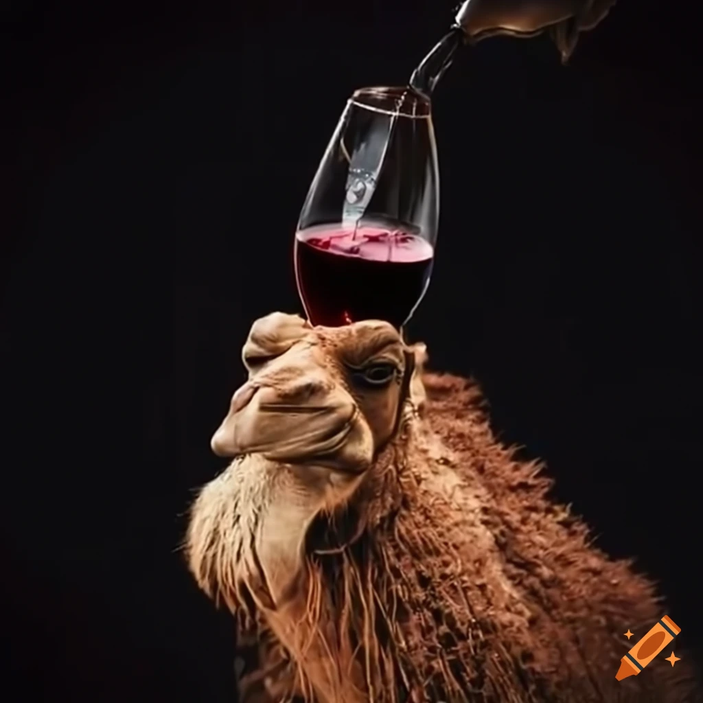 Camel in a suit pouring wine at a luxury bar on Craiyon