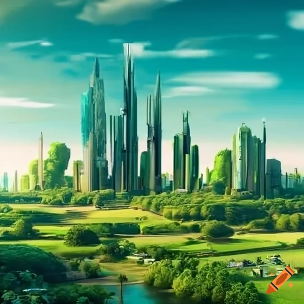Green futuristic cities blending with the countryside landscape on Craiyon