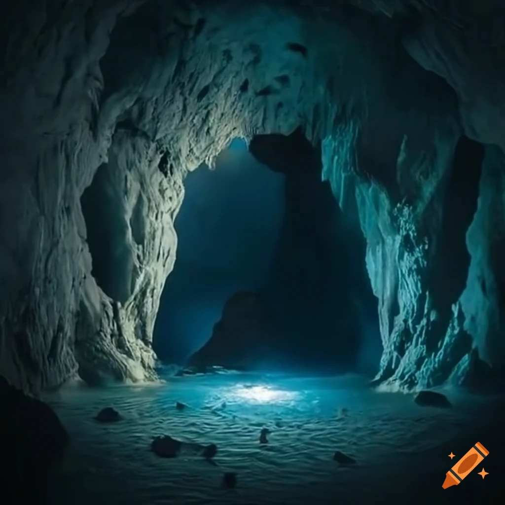 Cave opening at the base of a volcano on a tropical island on Craiyon