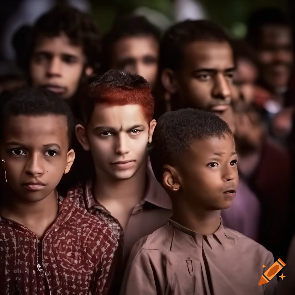 Group of men with maroon hair and Arabic features at an outdoor tea ...