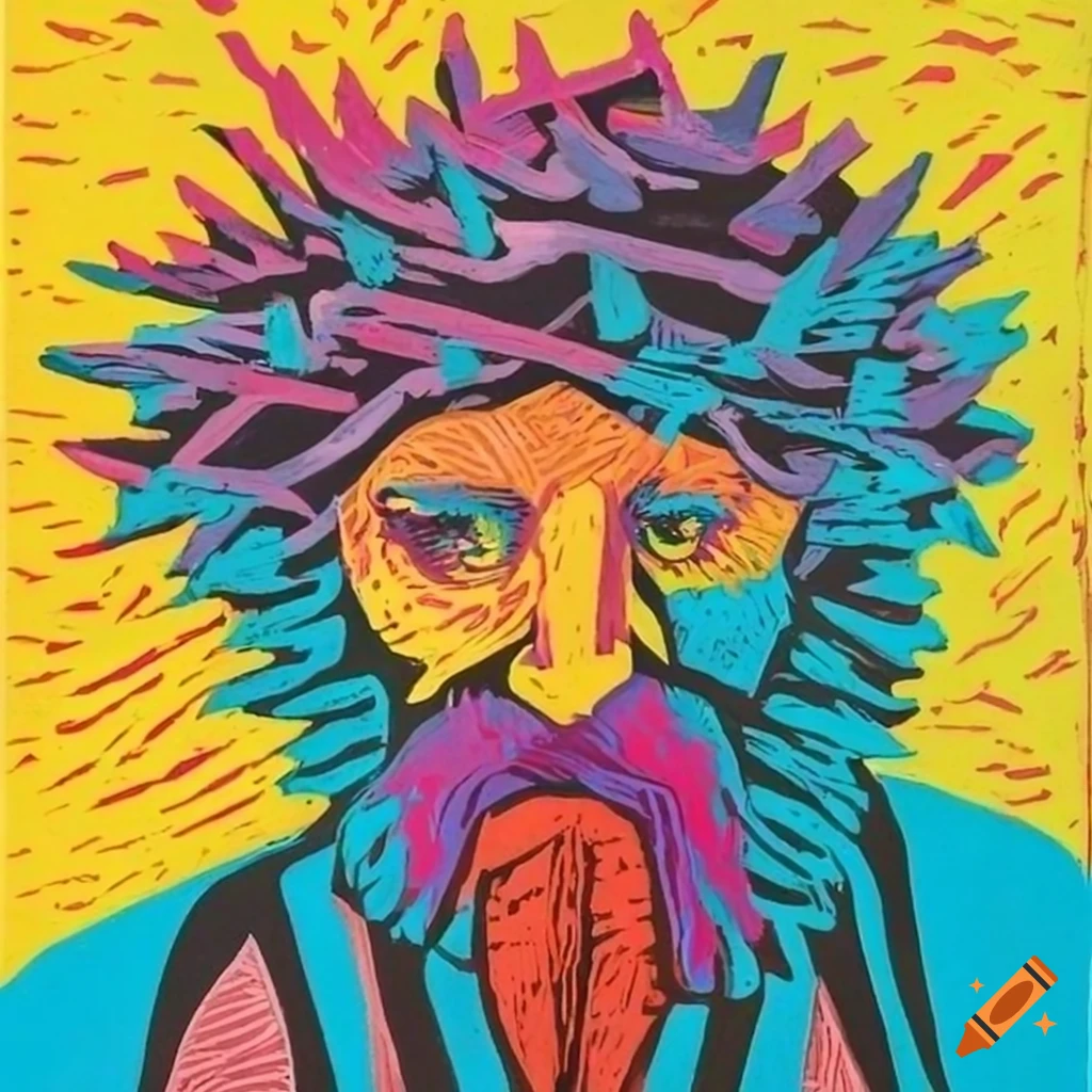 Vibrant lino cut print of a forest man with pine tree on Craiyon