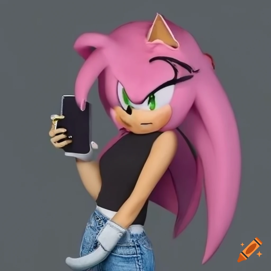 Pink amy rose in a stylish outfit with a phone on Craiyon