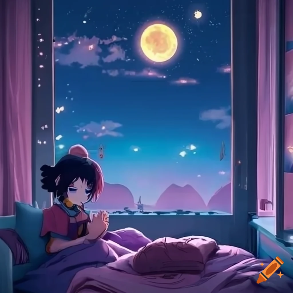 Dreamy cozy moon-themed anime lofi bedroom at night on Craiyon