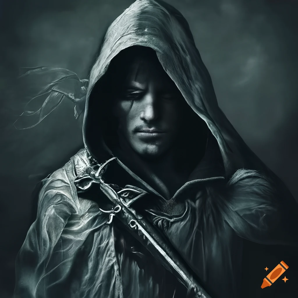 Hooded male alchemist with ornate sword in mystical ruins on Craiyon