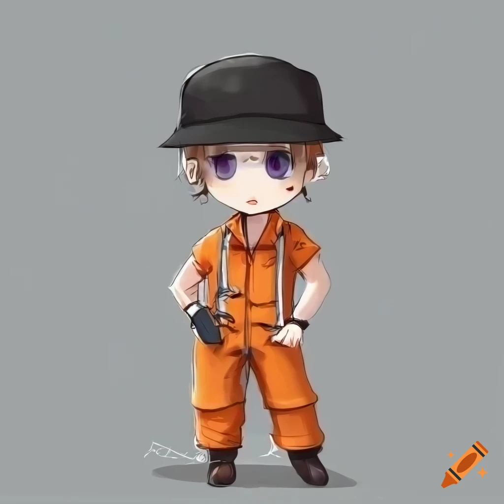 White male chibi character in orange work clothes and black bucket hat ...