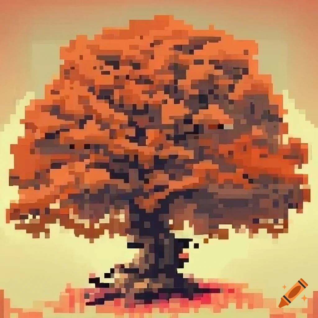 Pixel art of an oak tree with dithering in a traditional Chinese ink ...
