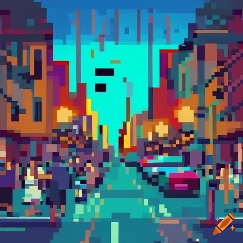 Pixel art nes-inspired street view crowd in cupertino city, california ...
