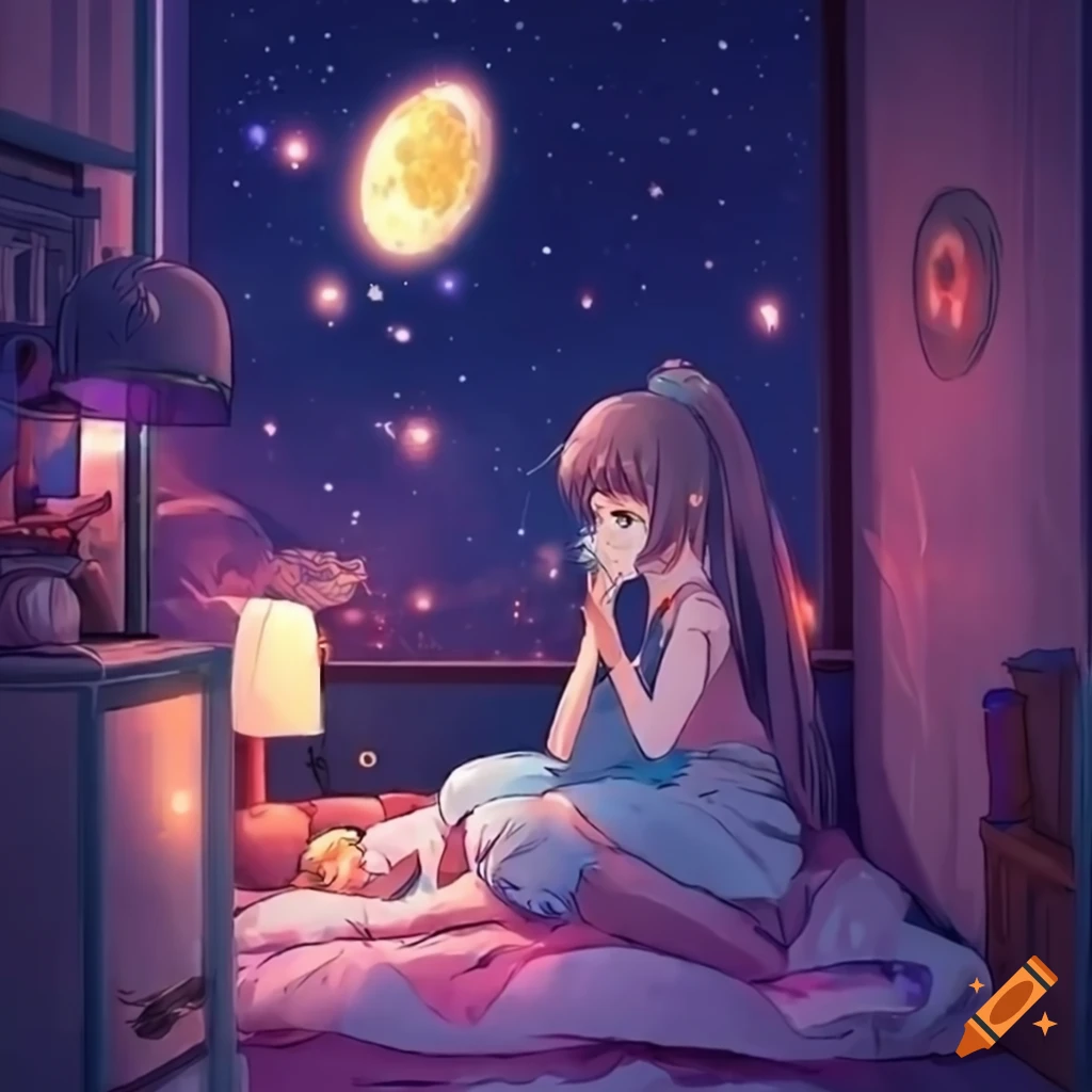Dreamy cozy anime lofi bedroom with moon theme, anime girl on bed on ...