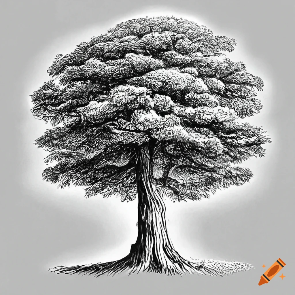 Detailed pencil drawing of a haunting oak tree on Craiyon