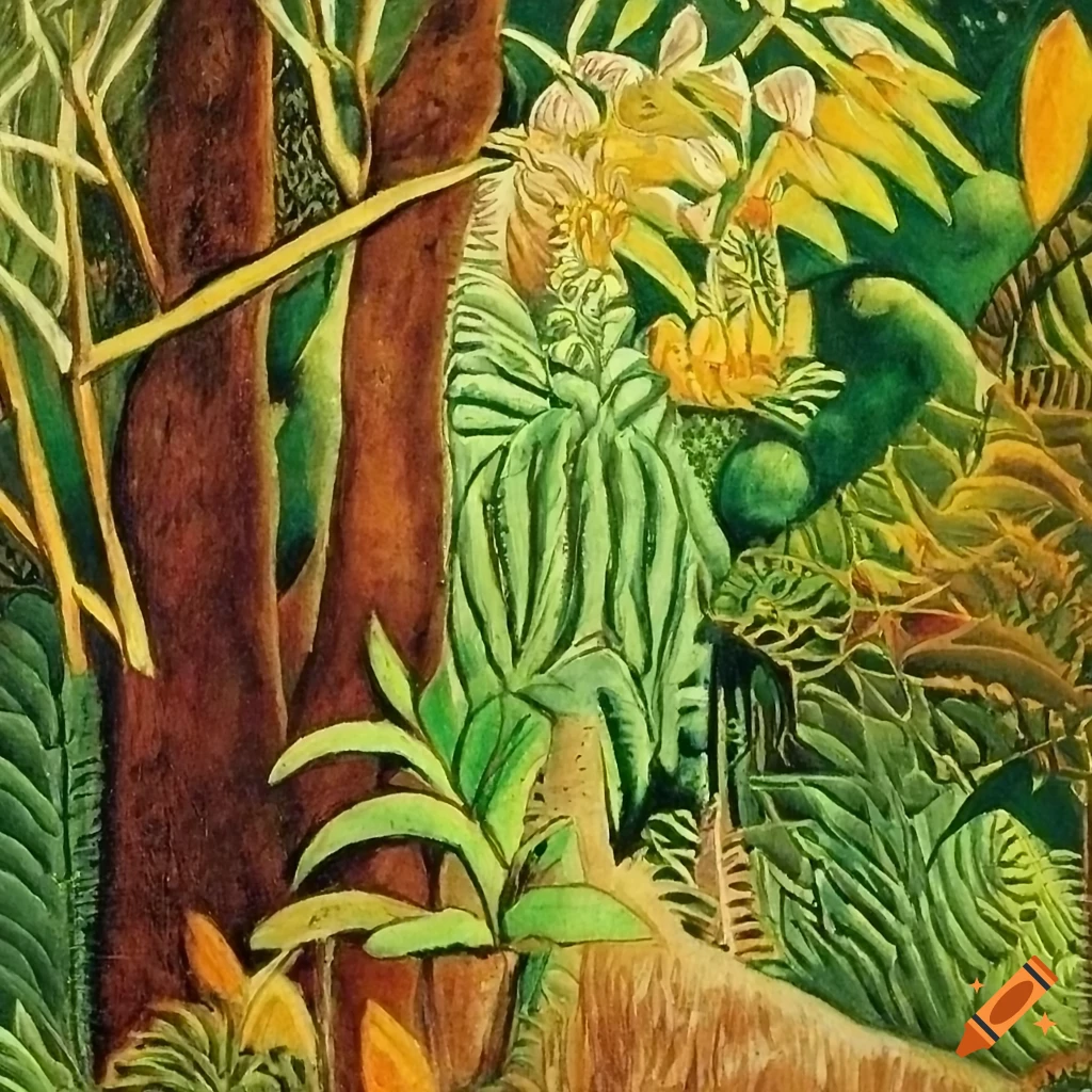 Art piece by henri rousseau of the huldufólk in lush foliage on Craiyon