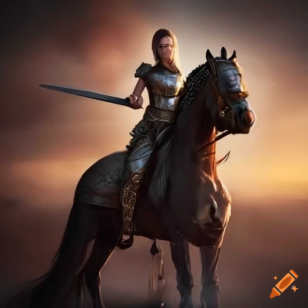 Girl riding a horse in heroic style with a sword and light armor on Craiyon