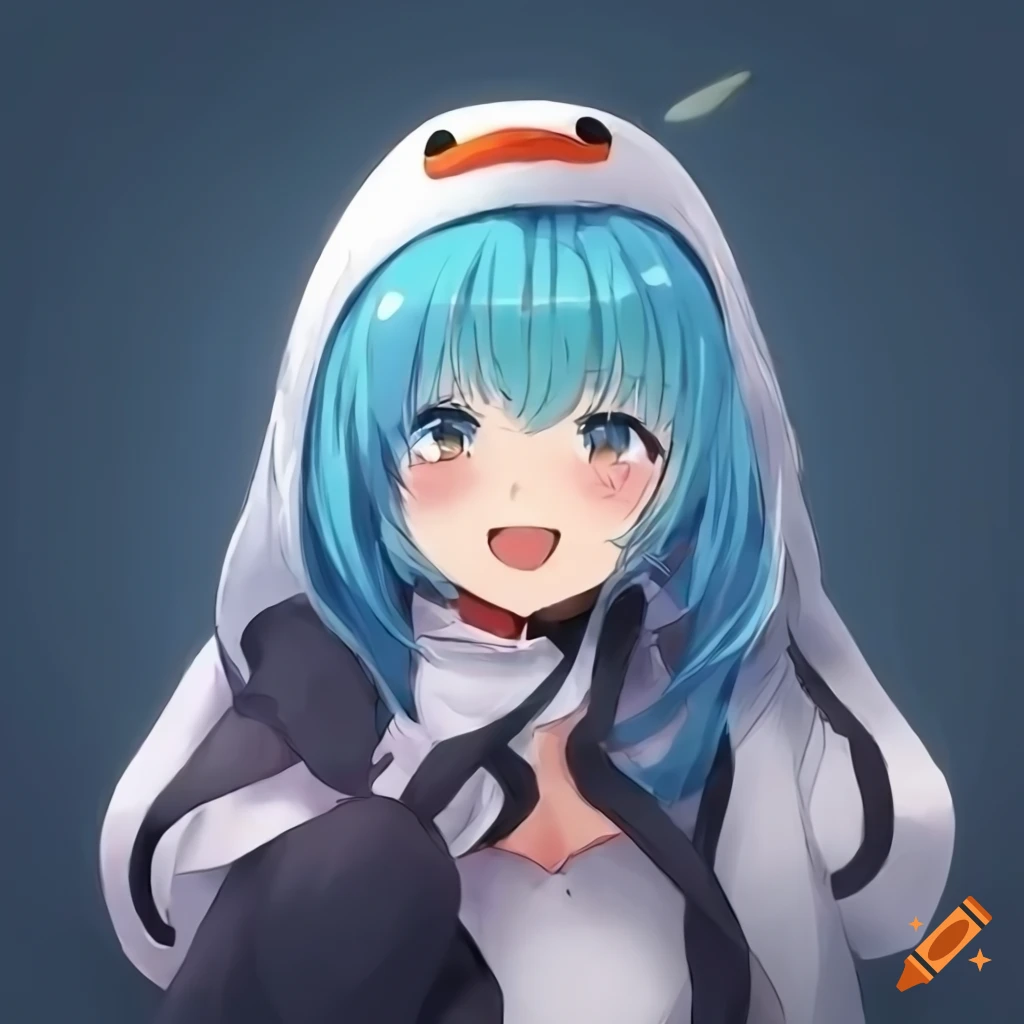 Anime waifu in blue hair penguin costume on Craiyon