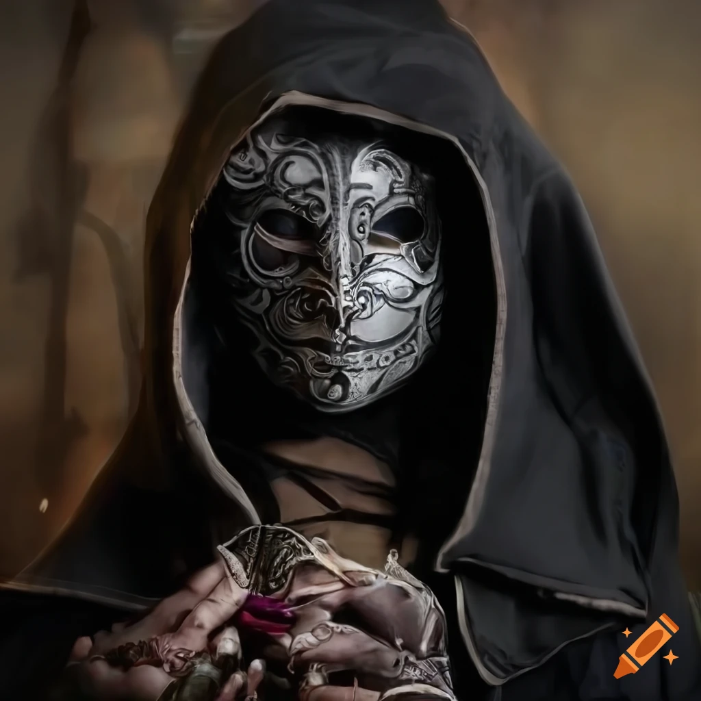 Legendary gunslinger alchemist in black robe with masquerade mask ...