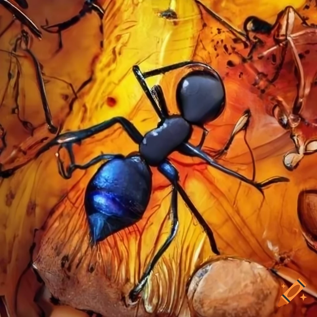 Amber gems, insects, and petrified wood depicted in four colors with ...