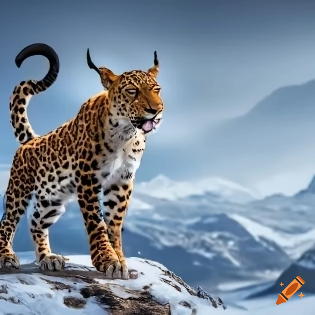 Mythical leopard with ram horns standing on a snow-capped mountain on ...